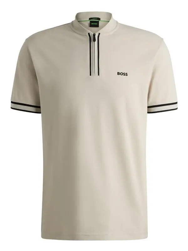 BOSS Zip-neck Polo Shirt In Stretch-cotton Piqu - Light Beige