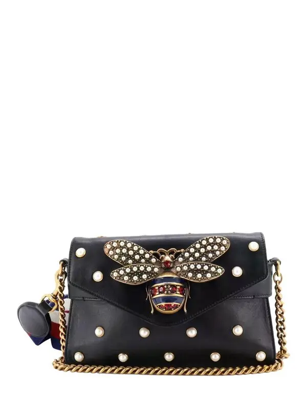 Gucci Broadway Pearly Bee Embellished Leather Mini Shoulder Bag - Black