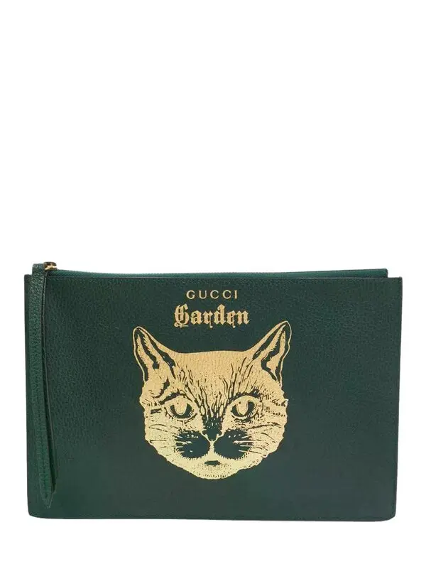 Gucci Garden Cat Zip Clutch Bag - Green
