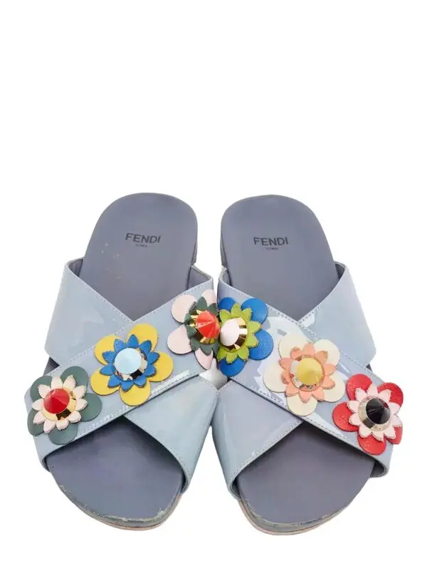 Fendi Floral Appliqué Patent Leather Flat Sandals - Blue