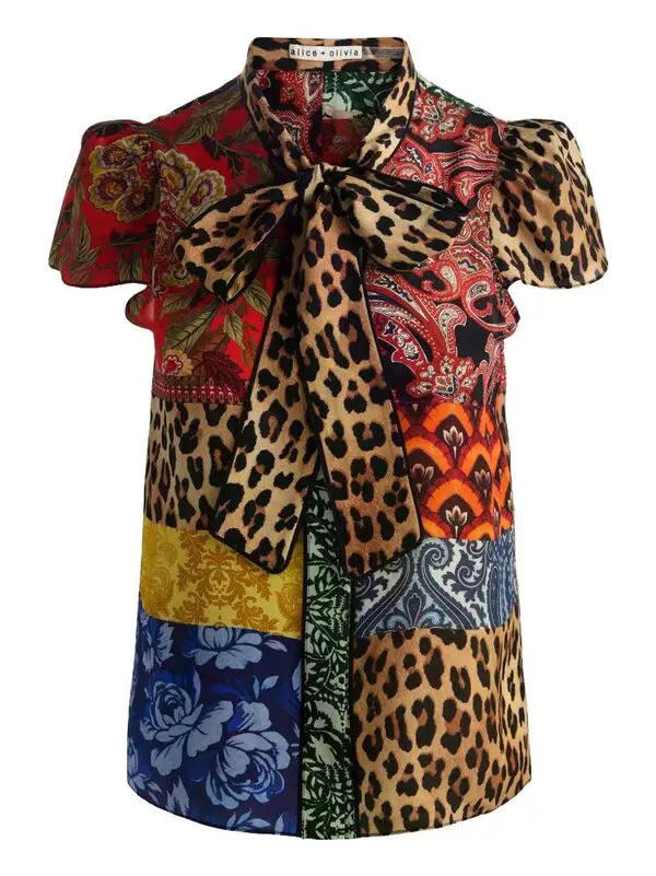 Alice + Olivia Jeannie Patchwork-print Pussy-bow Blouse - Brown
