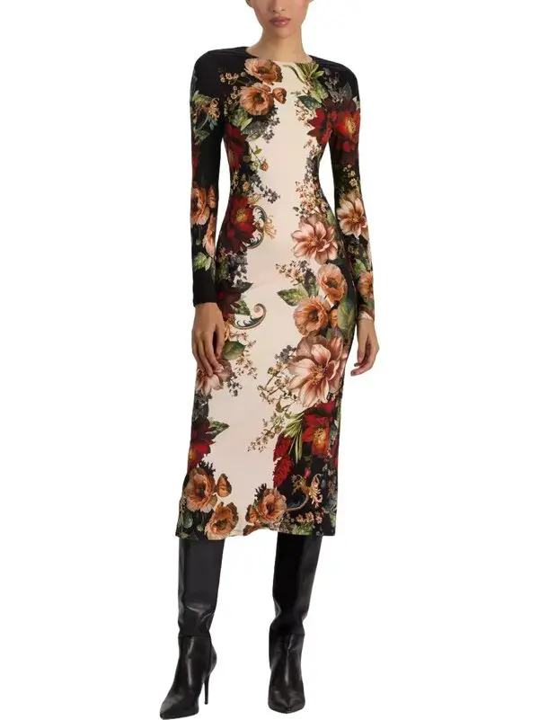 Alice + Olivia Delora Floral-print Long-sleeve Midi Dress - Black