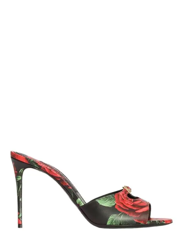 Dolce & Gabbana Rose-print Calfskin Mules - Black