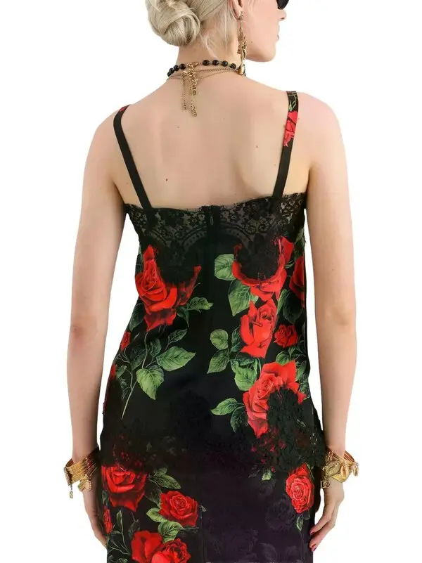 Dolce & Gabbana Rose Print Lace Trim Satin Top - Black