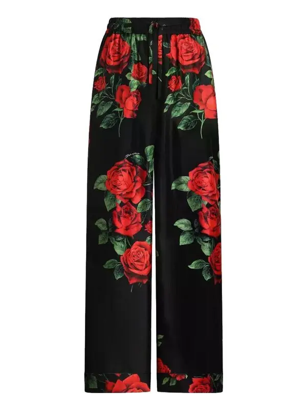 Dolce & Gabbana Rose-print Vanity Silk Trousers - Black