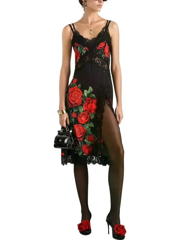 Dolce & Gabbana Rose-print Charmeuse Midi Dress - Black