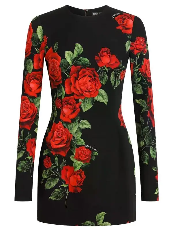 Dolce & Gabbana Rose Print Charmeuse Mini Dress - Black