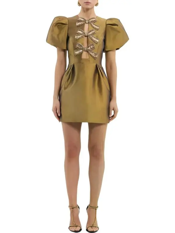 Rebecca Vallance Venus Mini Dress With Diamante Bows And Puff Sleeves - Gold