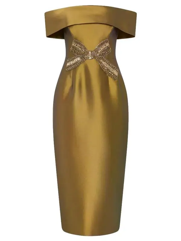 Rebecca Vallance Off-the-shoulder Midi Dress With Embellished Bow - Gold