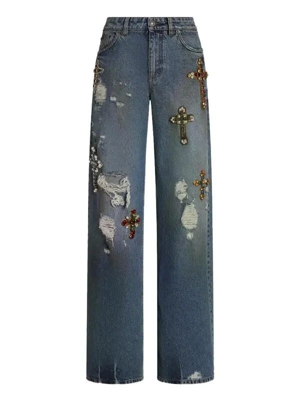Dolce & Gabbana Embroidered Distressed Denim Trousers - Blue