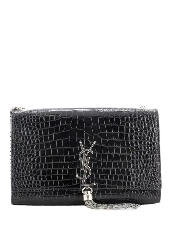 Saint Laurent Classic Monogram Tassel Crocodile Embossed Leather Medium Crossbody Bag - Black