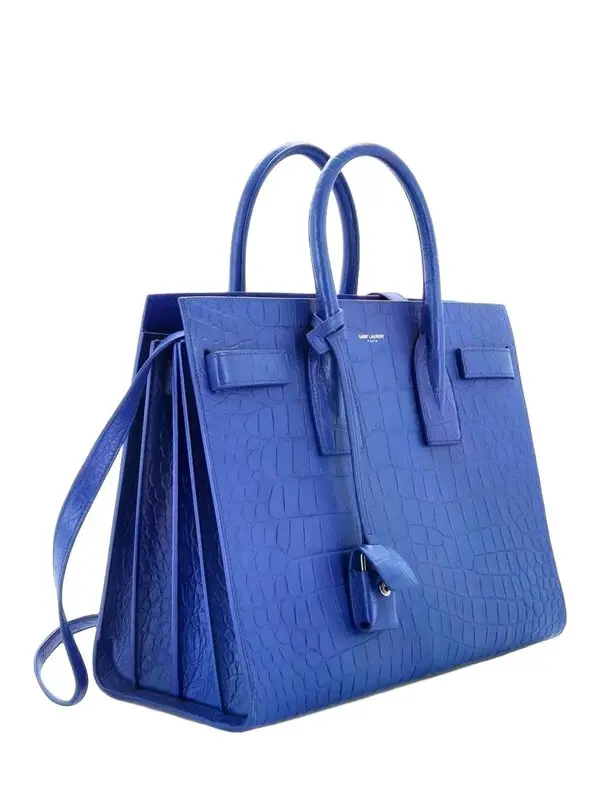 Saint Laurent Sac De Jour Nm Bag Crocodile Embossed Leather Small Satchel - Blue