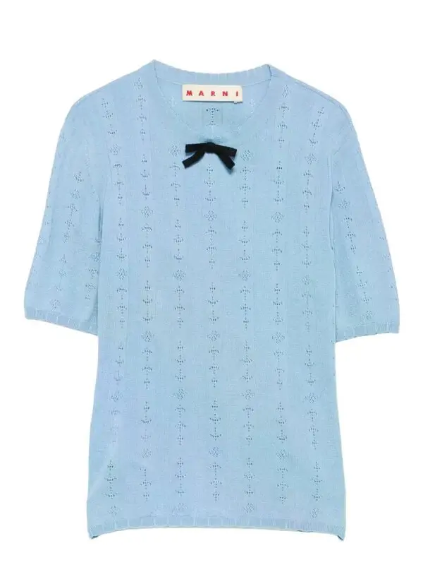 Marni Bow-detail Pointelle-knit T-shirt - Blue