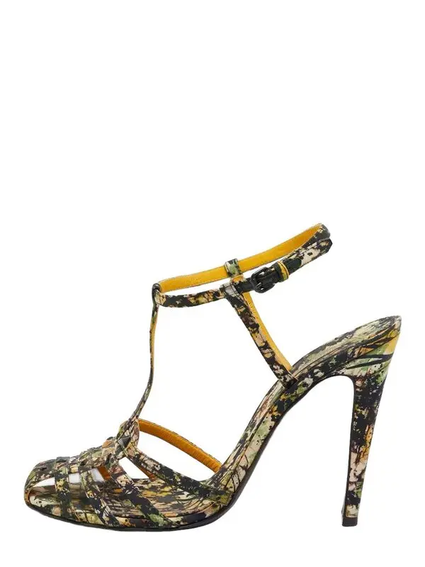 Bottega Veneta Paint-splatter Print Caged T-strap High Heel Sandals - Green
