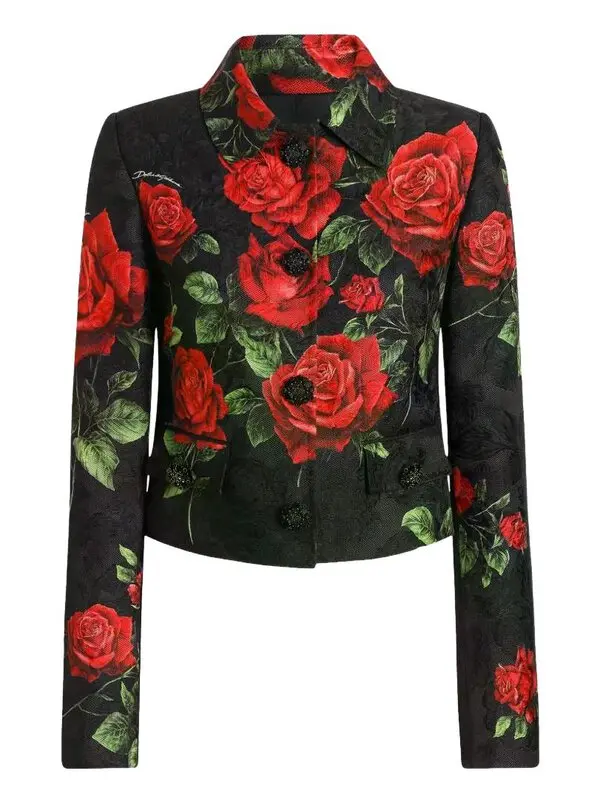 Dolce & Gabbana Rose-print Brocade Jacket With Jewel Buttons - Black