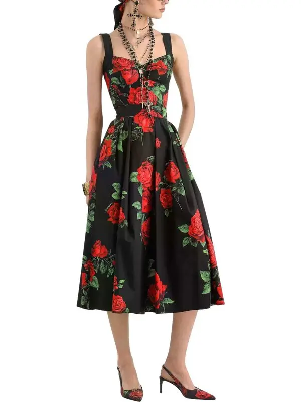 Dolce & Gabbana Rose-print Poplin Pleated Skirt - Black
