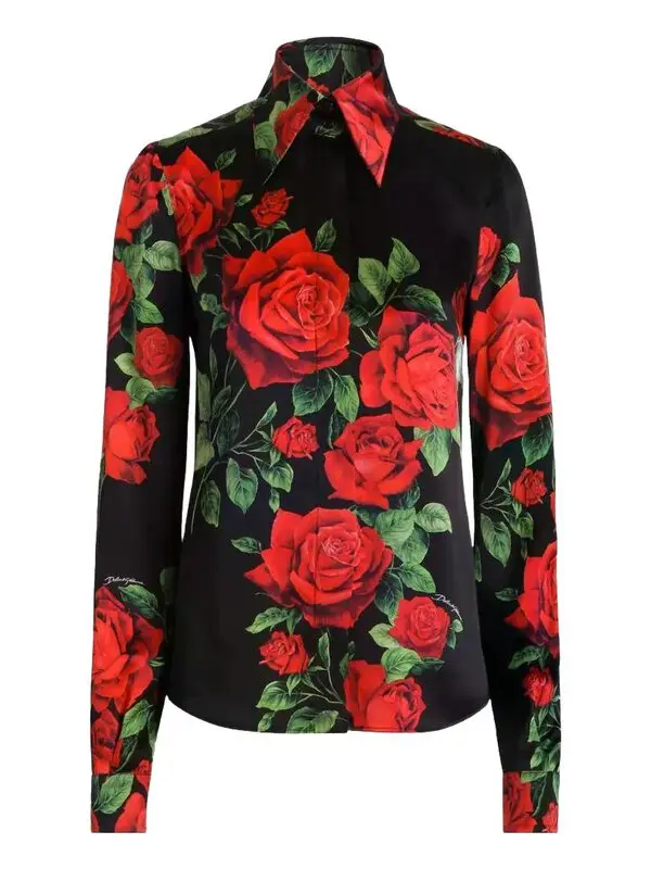 Dolce & Gabbana Rose-print Satin Shirt - Black