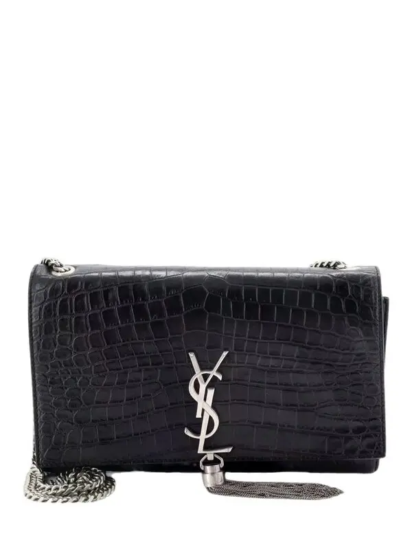 Saint Laurent Monogram Tassel Crocodile Embossed Leather Medium Crossbody Bag - Black