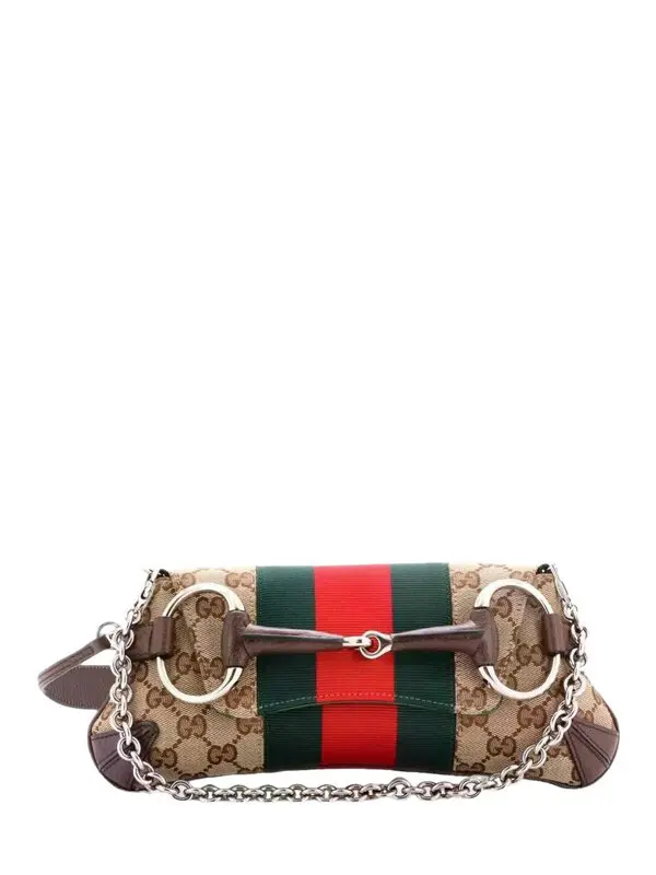 Gucci Horsebit Nm Web Chain Clutch Gg Canvas Small Shoulder Bag - Brown