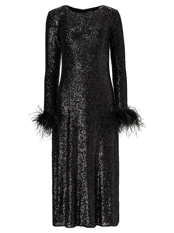 LITA COUTURE Open Back Sequin Dress With Feathers - Black