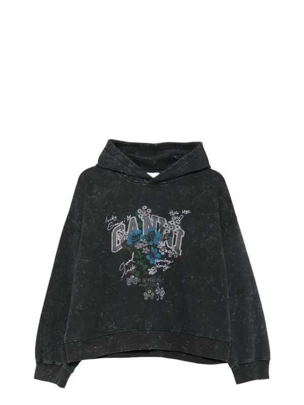 GANNI Isoli Cropped Hoodie With Graphic Print - Phantom Black