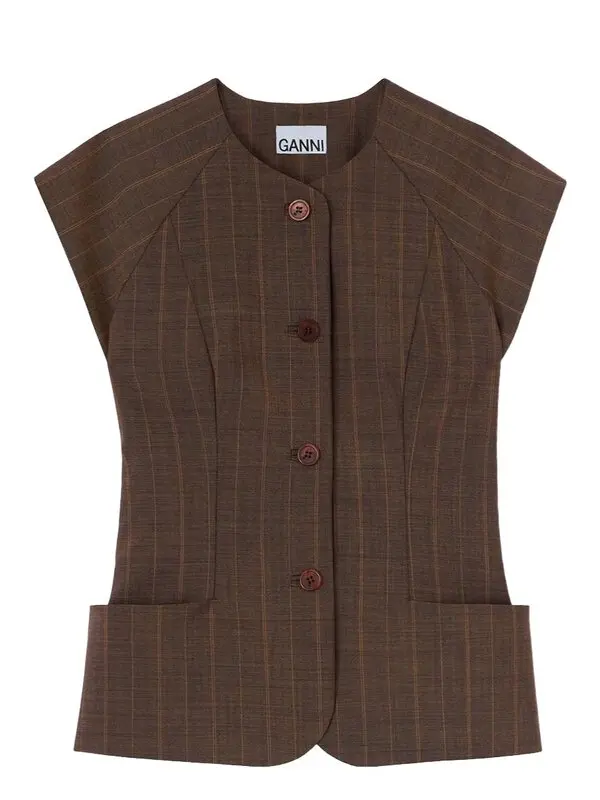 GANNI Brown Pinstripe Wool Blouse - Rain Drum