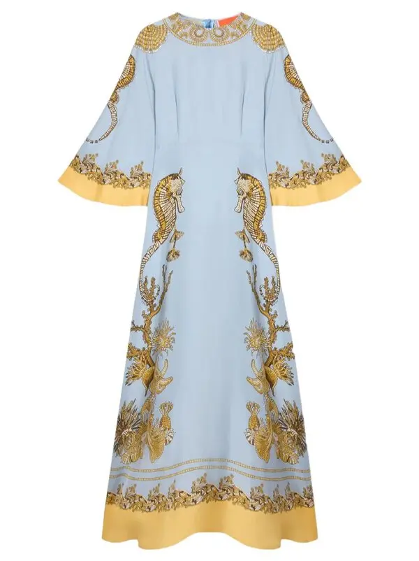 La DoubleJ Sœur Oceania-print Bell Sleeve Maxi Dress - Light Blue