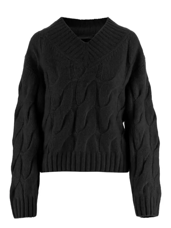 ALLUDE Cable-knit V-neck Sweater - Black
