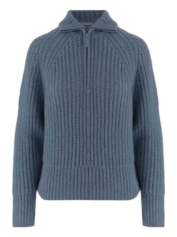 ALLUDE Half Zip Ribbed Knit Sweater - Blue