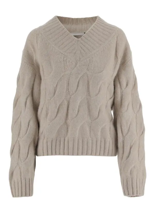 ALLUDE Cable-knit V-neck Sweater - Nude