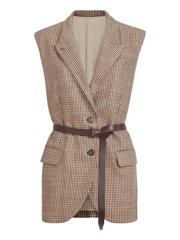 Brunello Cucinelli Wool-blend Houndstooth Sleeveless Blazer - Beige