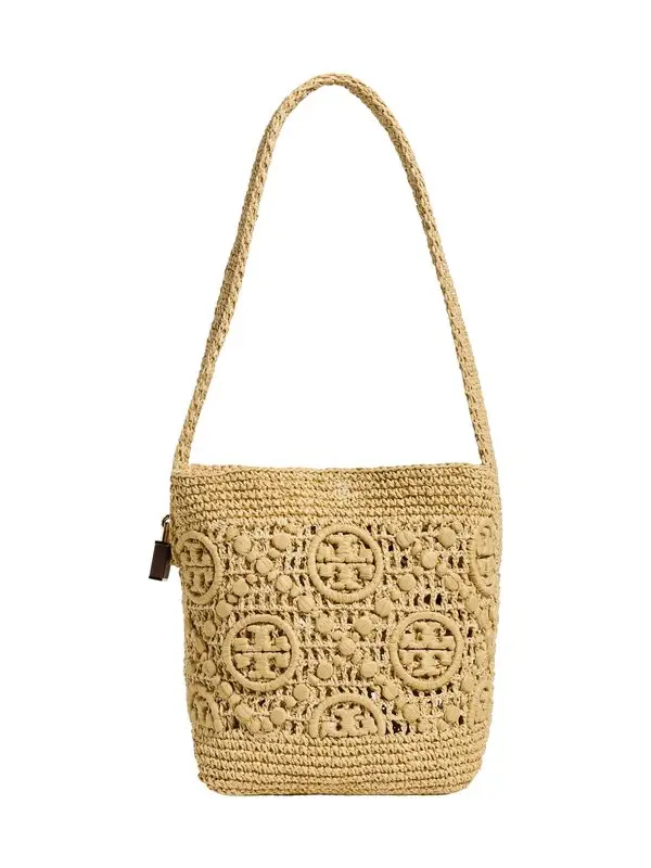 Tory Burch Lock T Monogram Crochet Bucket Bag - Natural