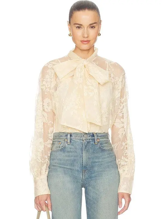 Zimmermann Valiant Lace Pussybow Blouse In Nude - Sand