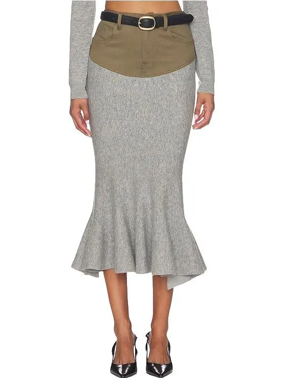 SELF-PORTRAIT Knit Khaki Denim Insert Midi Skirt - Grey
