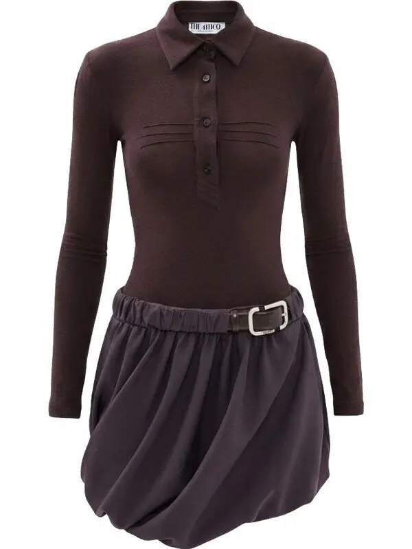 Attico Collared Combo Mini Dress - Dark Brown