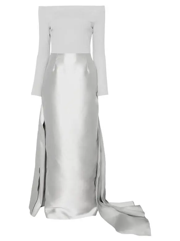 Solace London Off-shoulder Satin Gown With Draped Panel - Gray