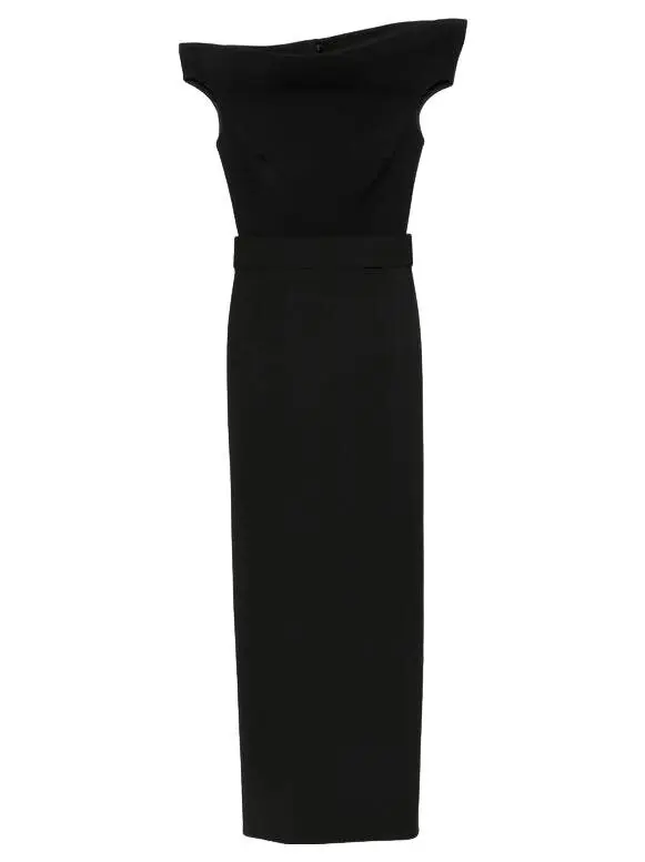 Solace London Boat Neck Exaggerated Shoulders Belted Maxi Dress - Black