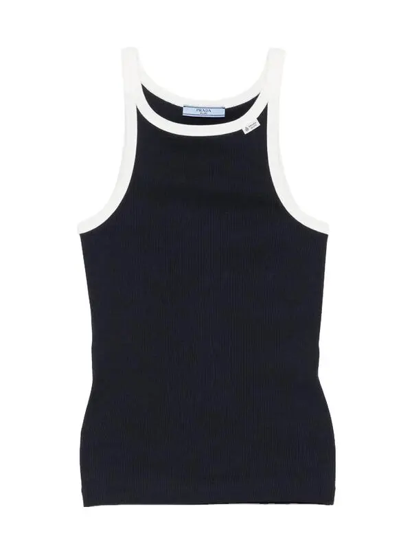 Prada Ribbed Knit Tank Top With Logo Patch - Blue
