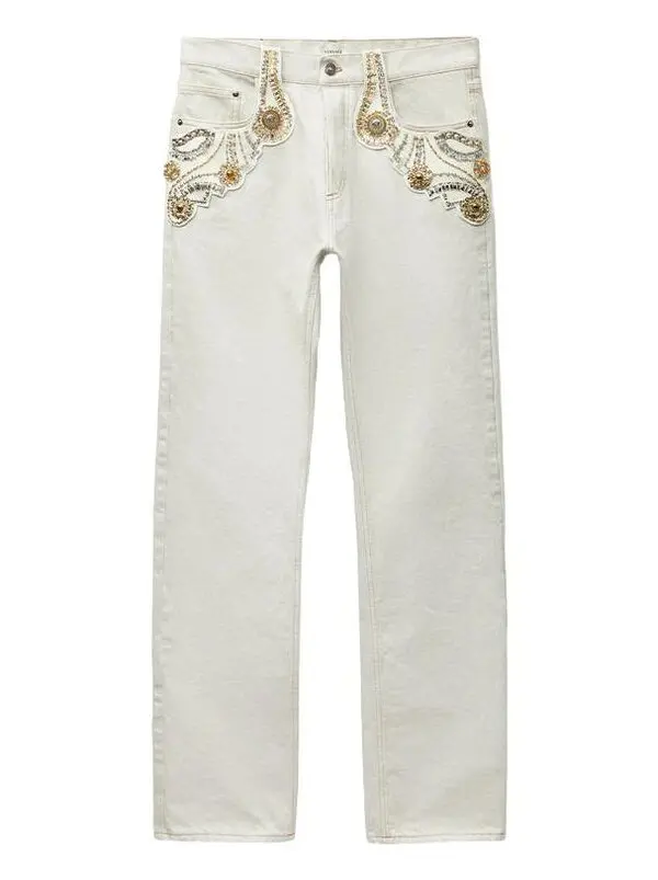 Versace Grey Crystal-embellished Straight-leg Jeans - Gray
