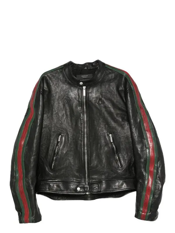 Gucci Leather Jacket With Web-stripe Detailing - Black