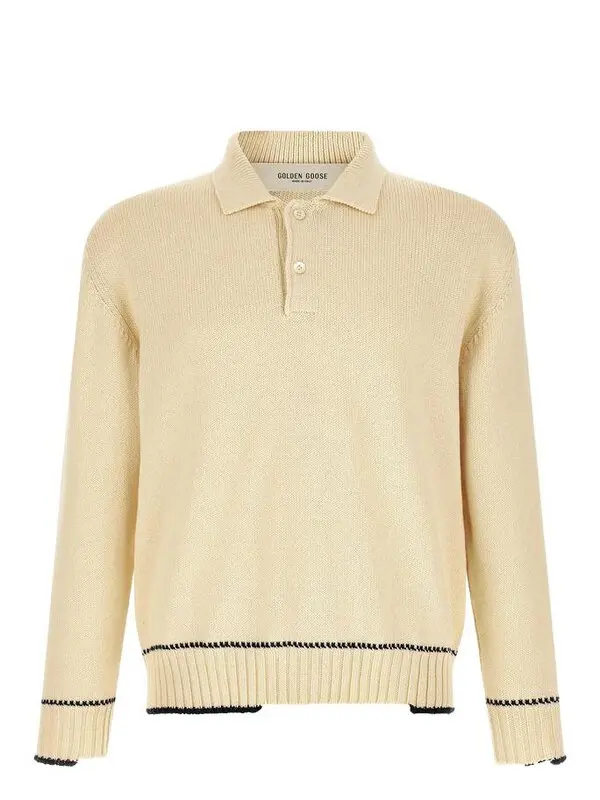 GOLDEN GOOSE Off-white Cotton Blend Polo Sweater With Rear Logo Print - Cream