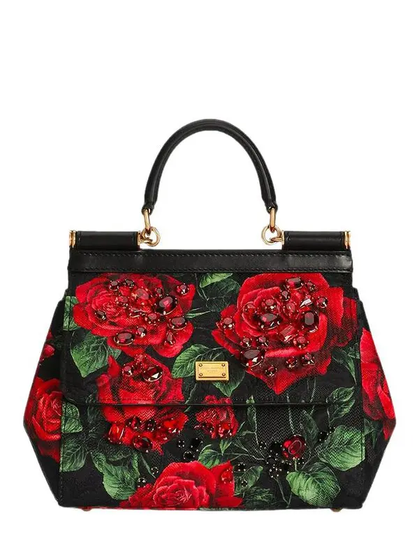 Dolce & Gabbana Rose Print Crystal Embellished Tote Bag - Black