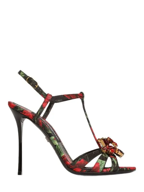 Dolce & Gabbana Rose Print Embellished Sandals - Black