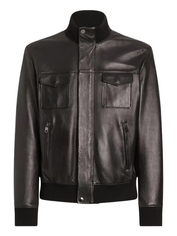 Dolce & Gabbana Lambskin Bomber Jacket With Knit Collar - Brown