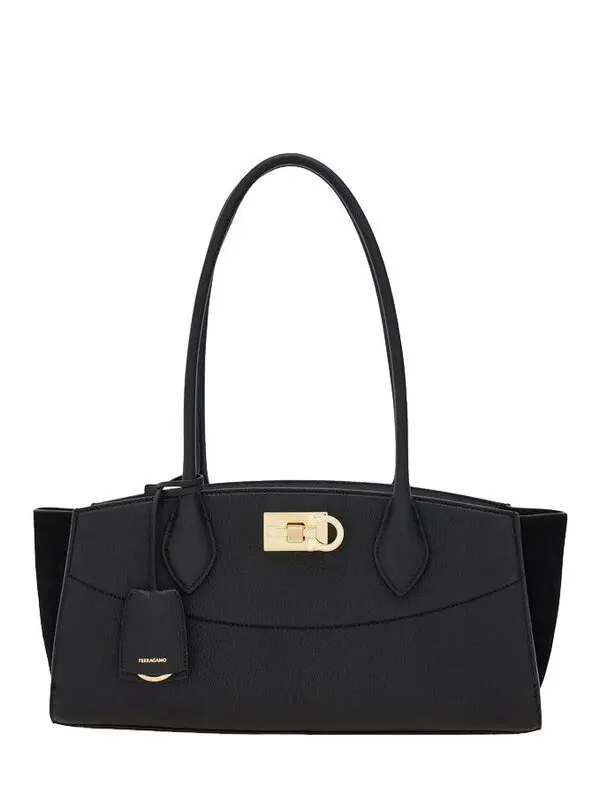 FERRAGAMO Studio Soft Tote Bag In Calfskin And Suede - Black