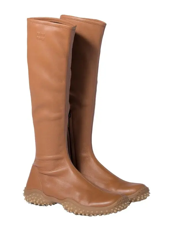 Miu Miu Stretch Nappa Leather Boots With Embossed Logo - Caramel
