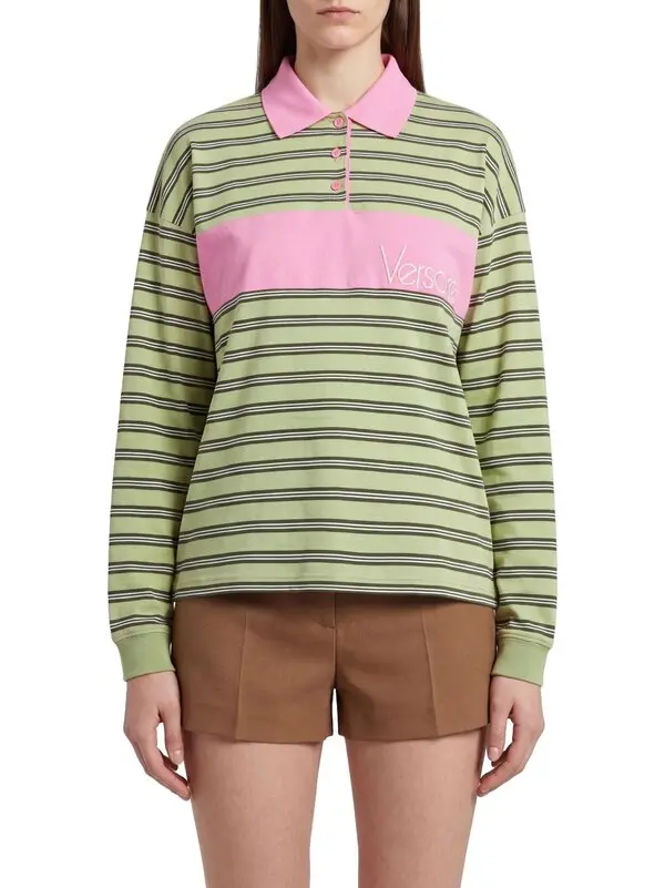 Versace Long-sleeved Cotton Polo Shirt With Striped Pattern And Logo - Lemon