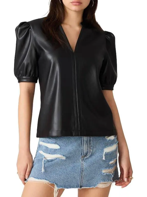 Steve Madden Cecilia Faux Leather Puff Sleeve Top - Black