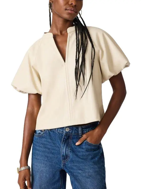 Steve Madden Cecilia Faux Leather Puff Sleeve Top - Bone