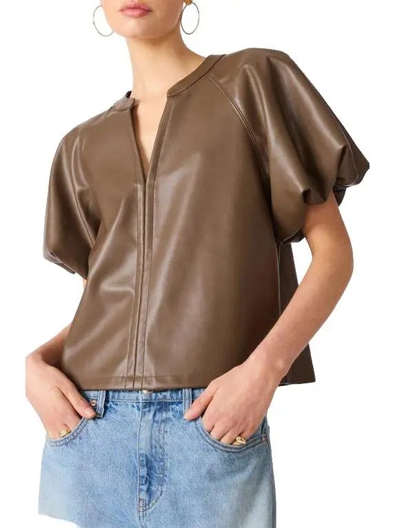 Steve Madden Cecilia Faux Leather Puff Sleeve Top - Coco